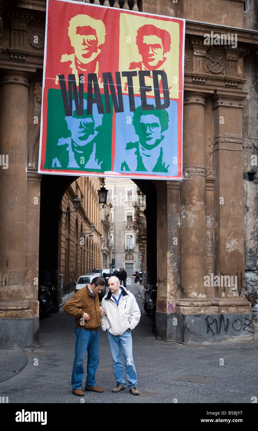 Andy Warhol style banner featuring the face of wanted mob boss Matteo ...