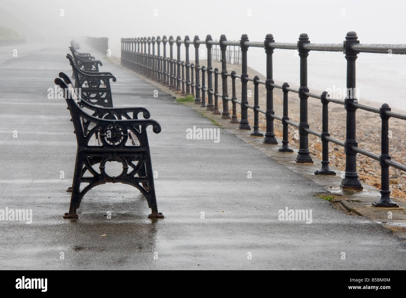 Redcar, North Yorkshire, England; Row of benches overlooking the beach ...