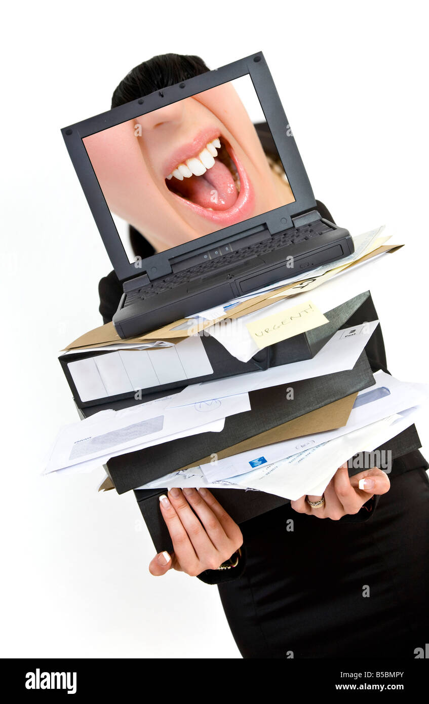 Business woman overwhelmed with work. Laptop shows her screaming Stock ...