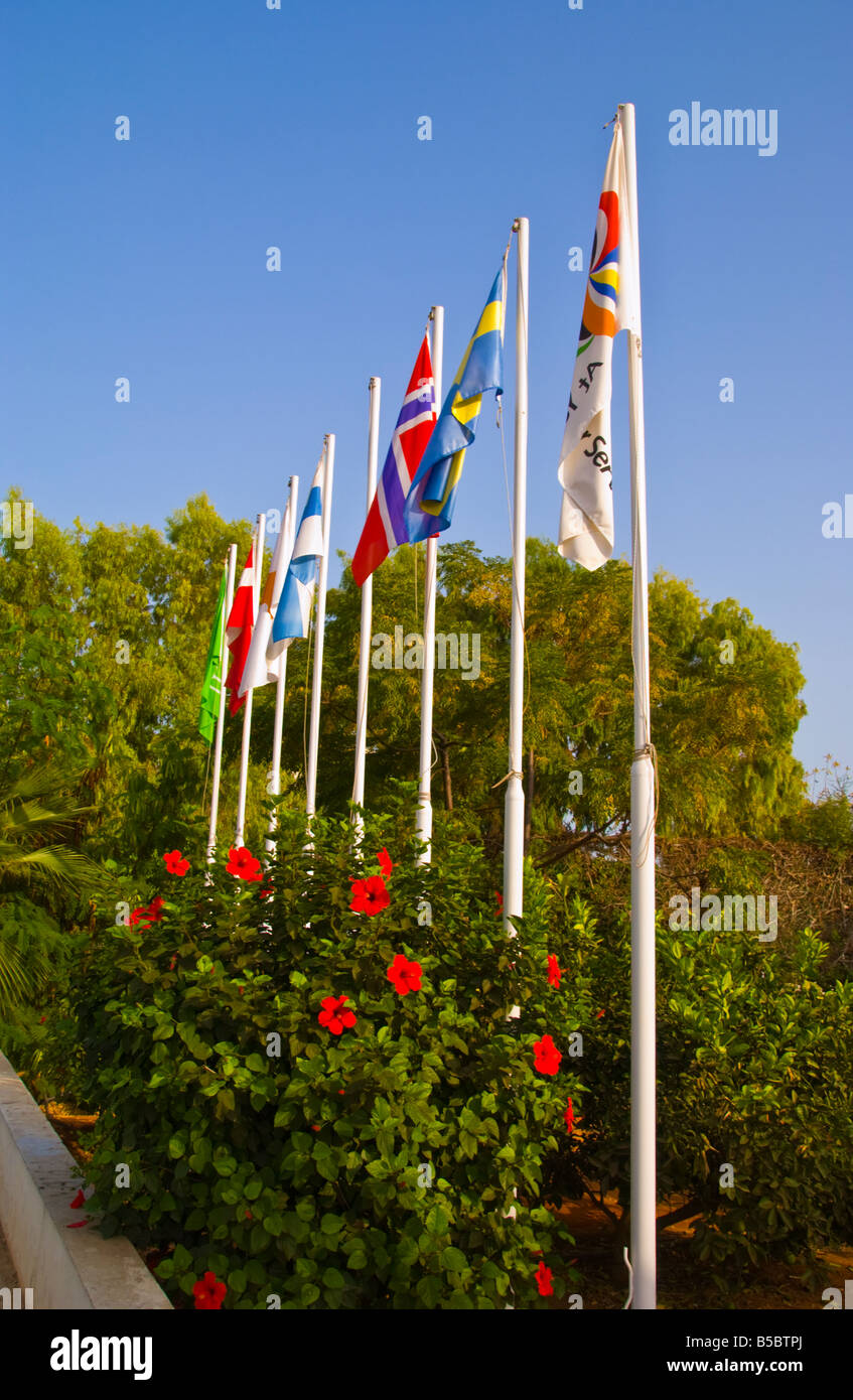 Flags outside hotel in Ayia Napa on the Eastern Mediterranean island of ...