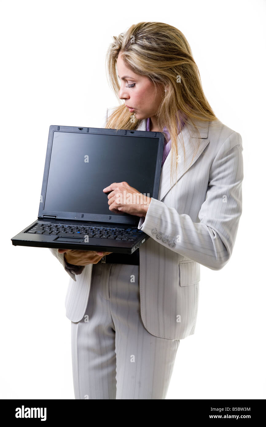 Woman showing computer Stock Photo - Alamy