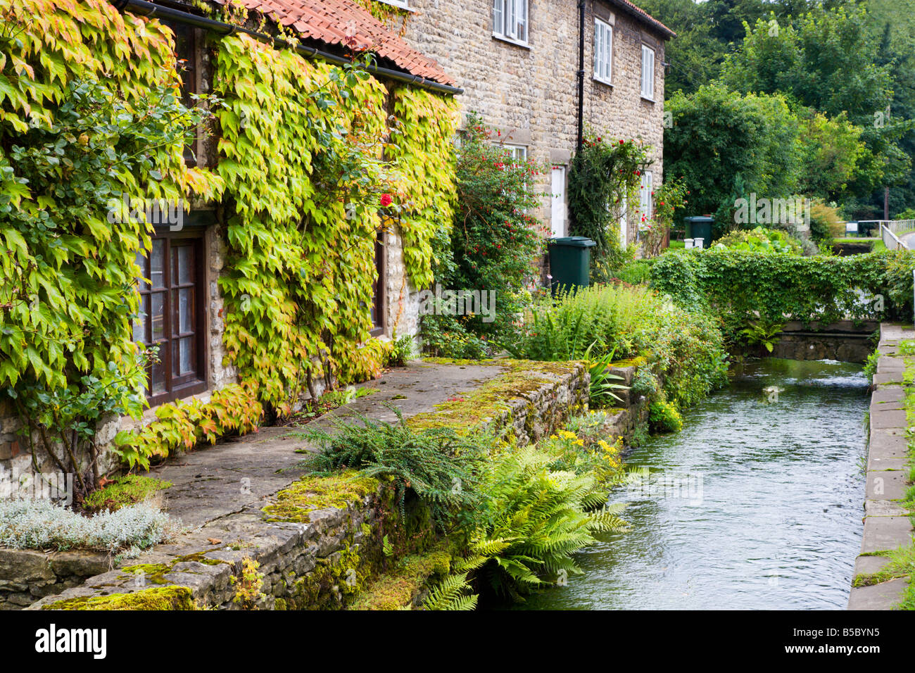 Pretty Cottages and Roadside Stream Thornton Dale Yorkshire England ...