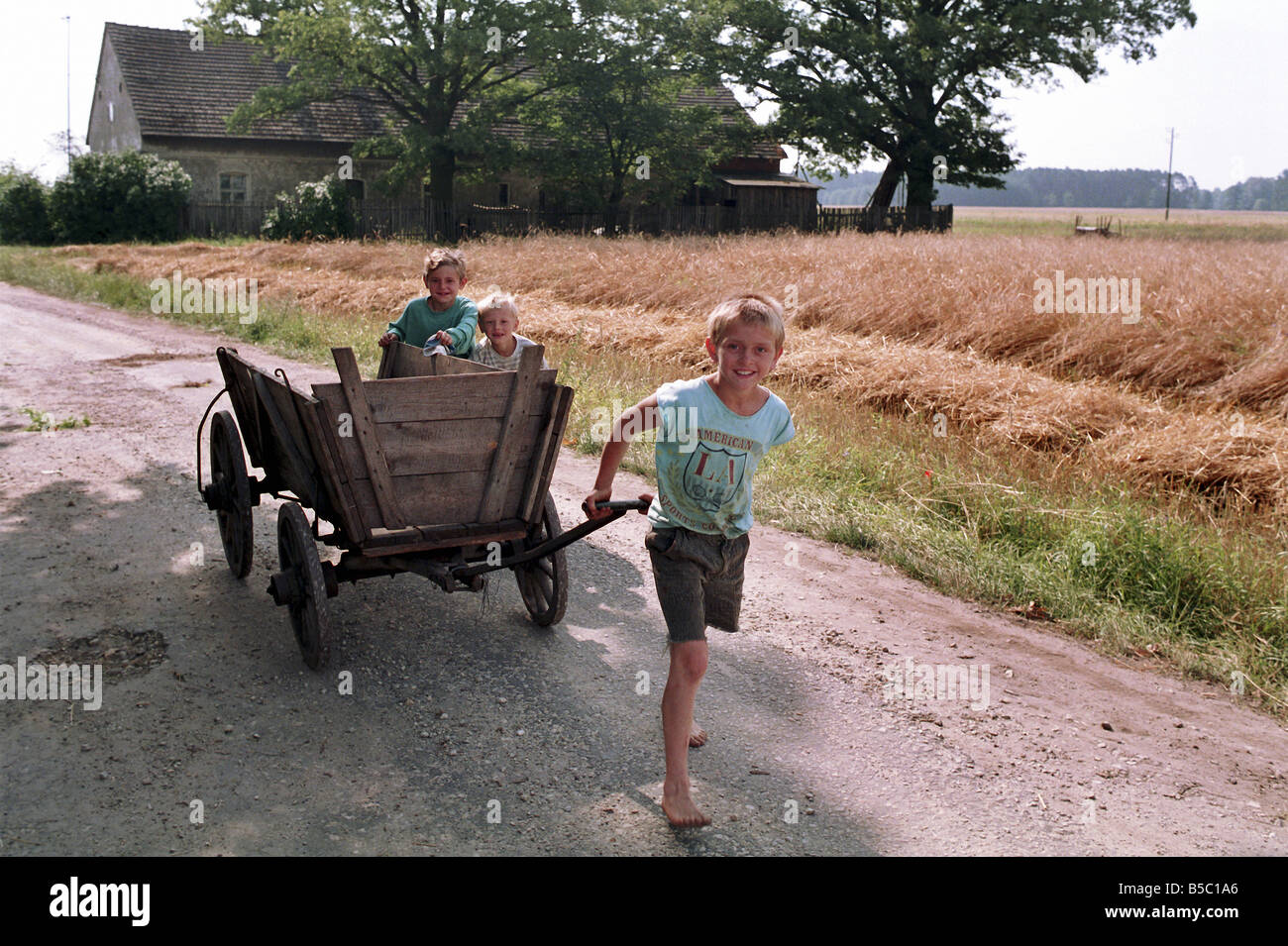 Country boys pulling a cart, Poland Stock Photo - Alamy