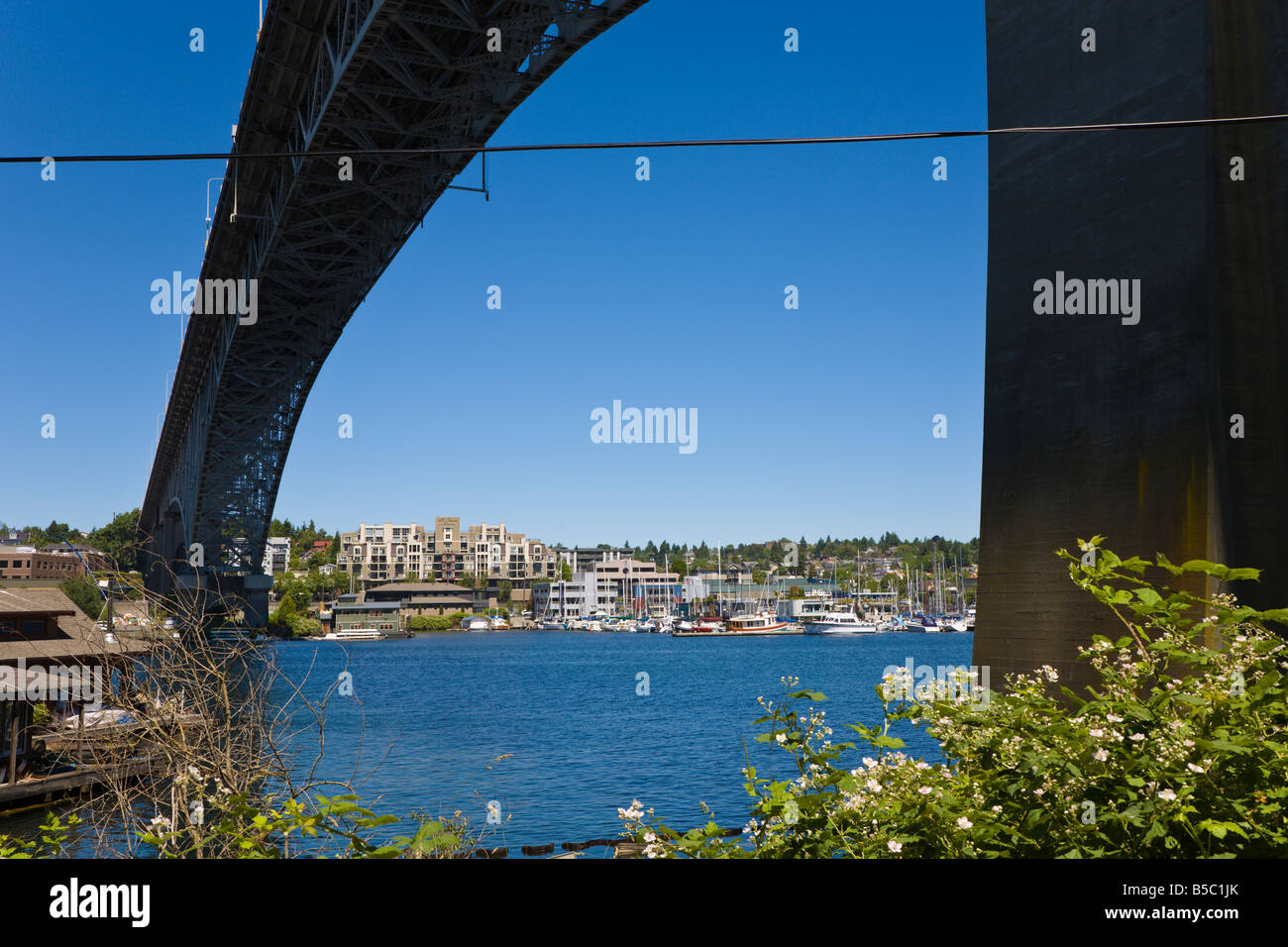 Aurora Bridge towers over a marina on Lake Union in Seattle, Washington ...