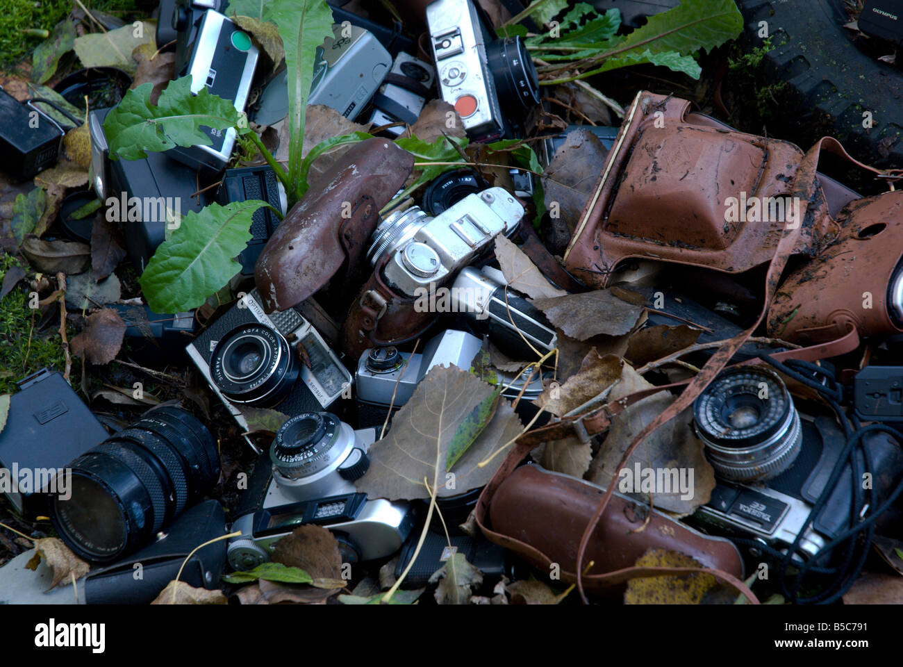 Old cameras and lens sit on top of a car at An old morris sits grinning ...