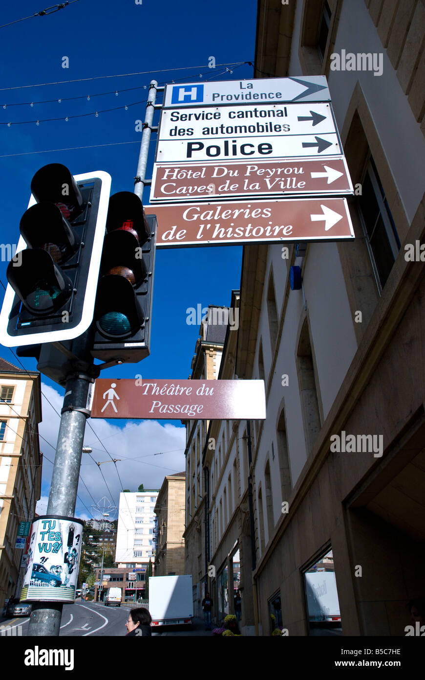 Stop light and direction information signs in French Neuchatel ...