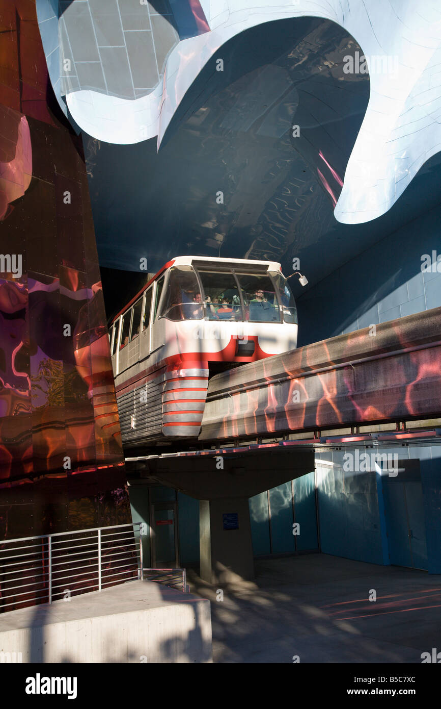 Monorail going through the Experience Music Project at Seattle Center ...