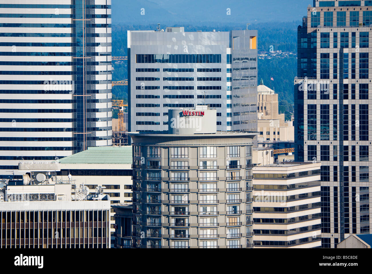 Close up view of skyscraper towers in downtown Seattle, Washington, USA ...