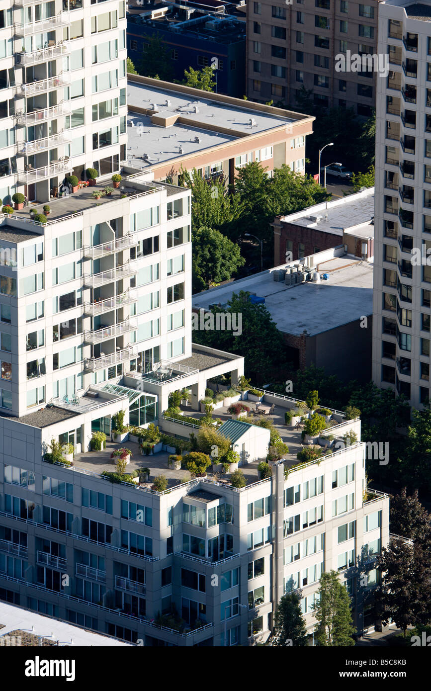 Rooftop gardens on high-rise buildings in downtown Seattle, Washington ...
