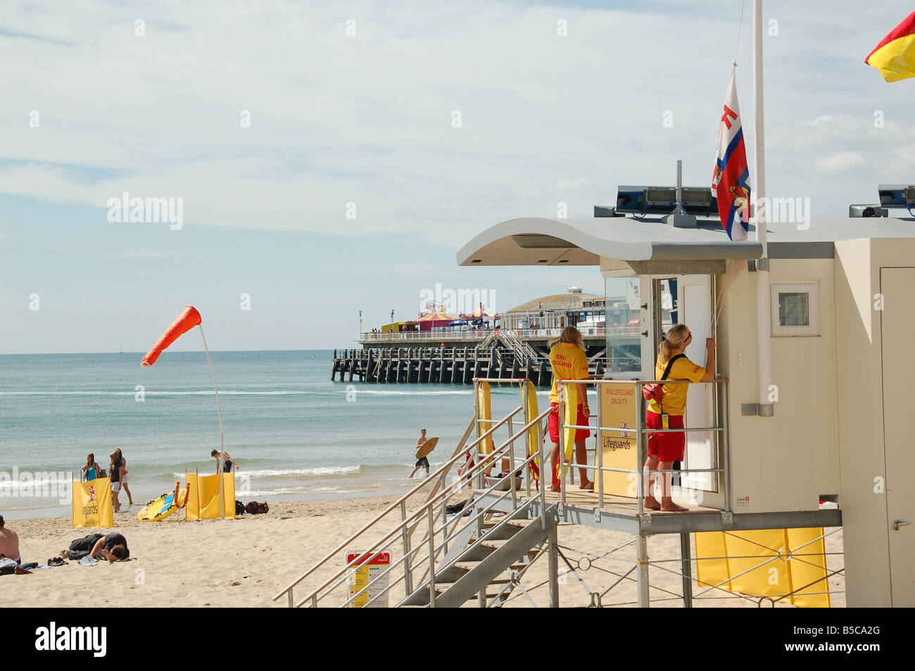 RNLI Lifeguard station raising the flag on Bournemouth Beach in Dorset ...