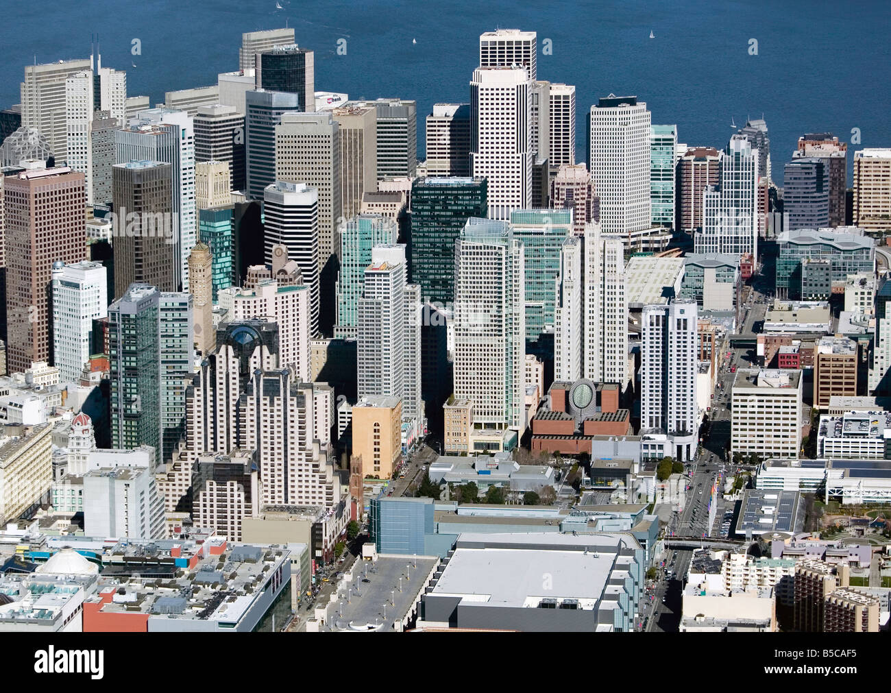 High aerial overview above san francisco financial district ...