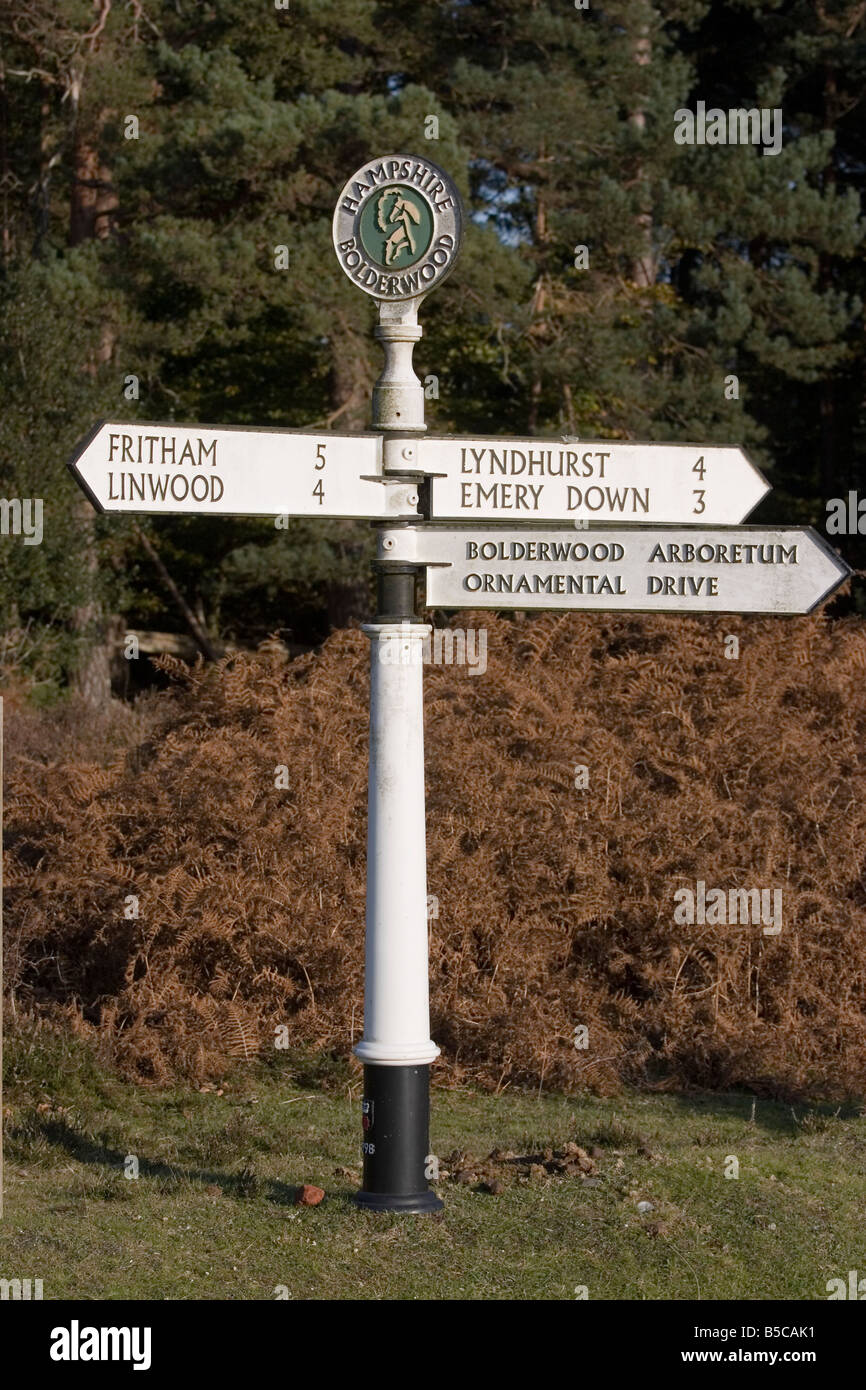 Traditional fingerpost road sign at Bolderwood, Hampshire in the New ...