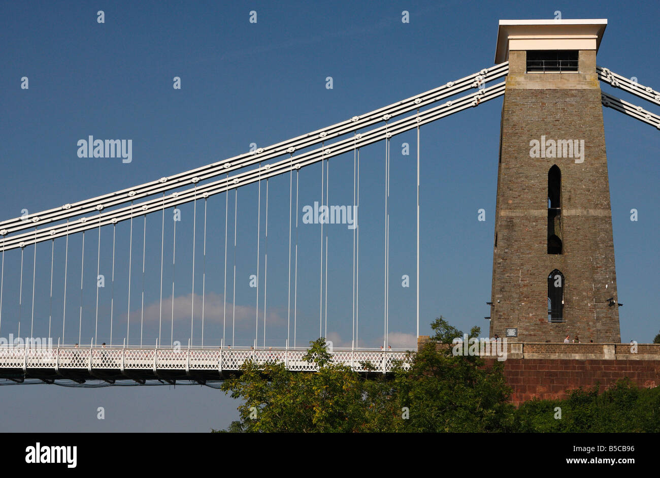 [Clifton Suspension Bridge] tower and cables against blue sky, Bristol ...