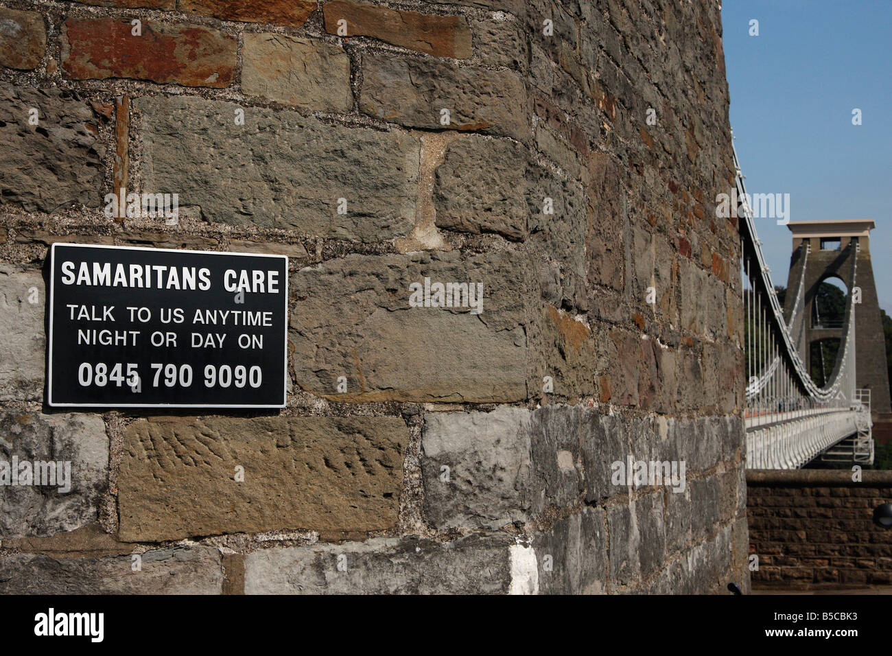 Samaritans sign on [Clifton Suspension Bridge] showing telephone number ...