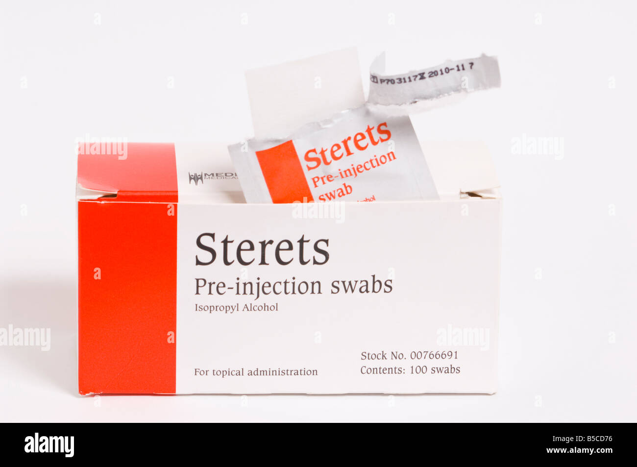 Close up of a packet of medical Sterets pre-injection swabs shot ...