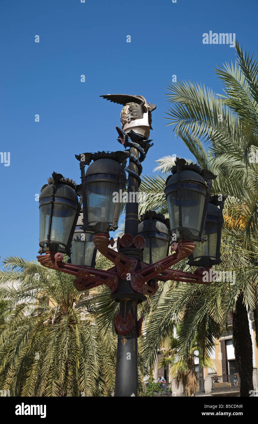 Palm trees and Gaudi lampost in the Placa Reial at Barcelona Stock ...