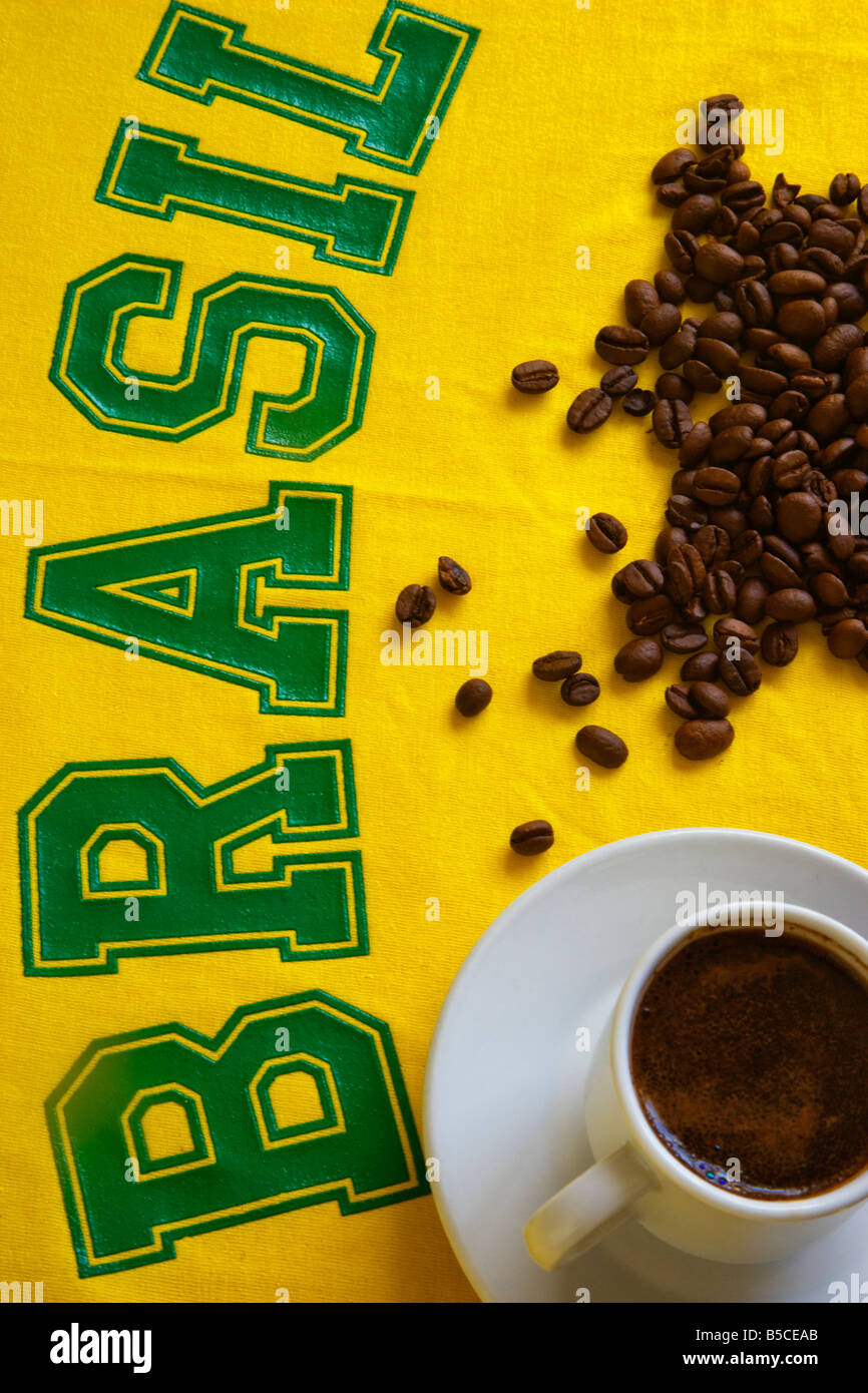 Iconic Brazil Fresh Coffee Beans and a cup of Coffee Stock Photo - Alamy