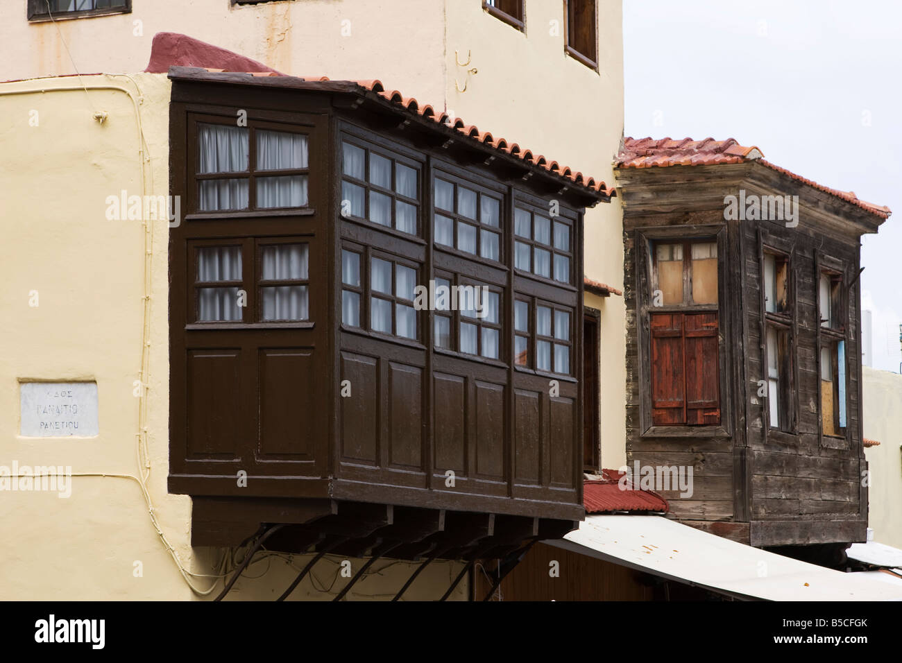 Traditional overhanging timber balcony in town house, Rhodes Old Town ...