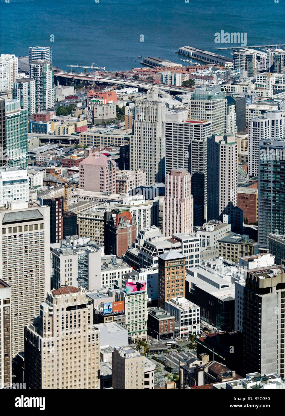 aerial view above Union Square and financial district San Francisco ...