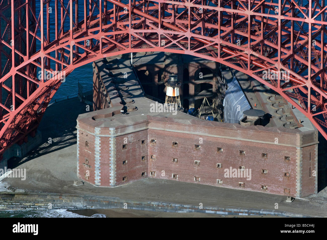 aerial view above Fort Point Golden Gate bridge San Francisco ...