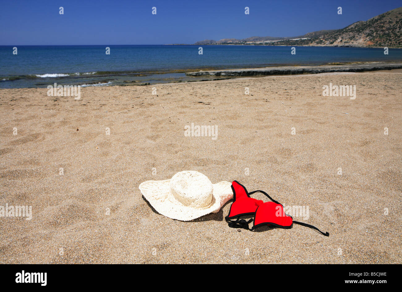 A mediterranean beach at Paleohora on the Greek Island of Crete with a ...