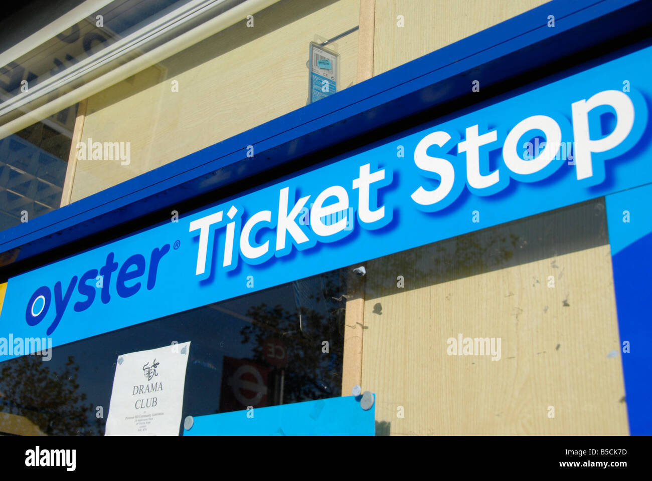 Oyster Ticket Stop sign in newsagent window London England Stock Photo ...