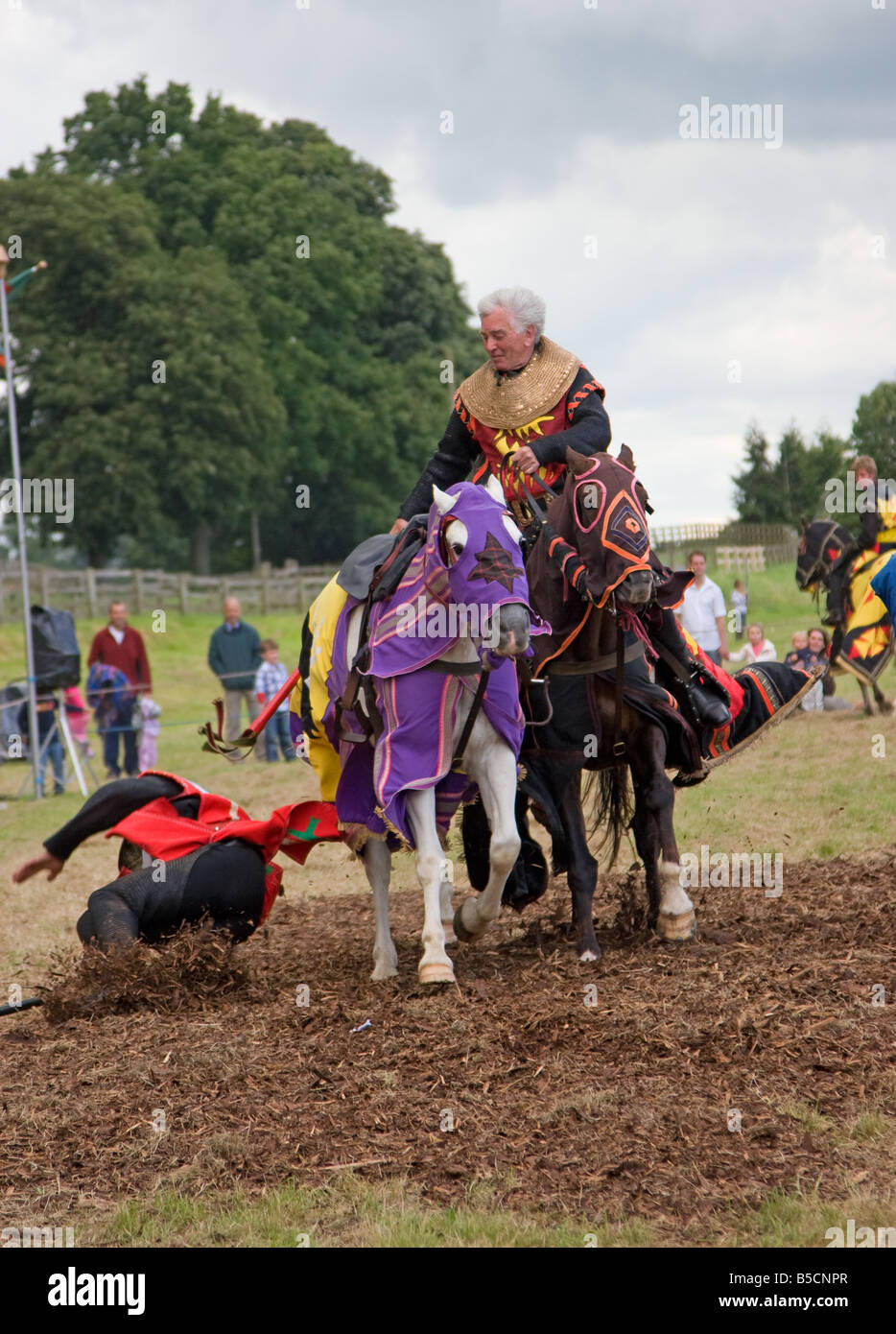 Knight falling off his horse at a joust after being attacked by another ...