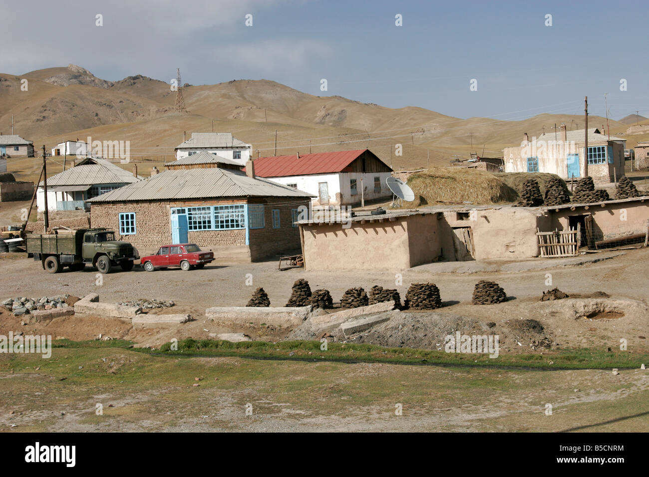Bricks of dry dung, Sary Tash, border town, Kyrgyzstan, Central Asia ...