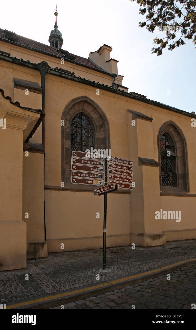 Prague multi street sign near St Agnes's convent Jewish Quarter Stock ...