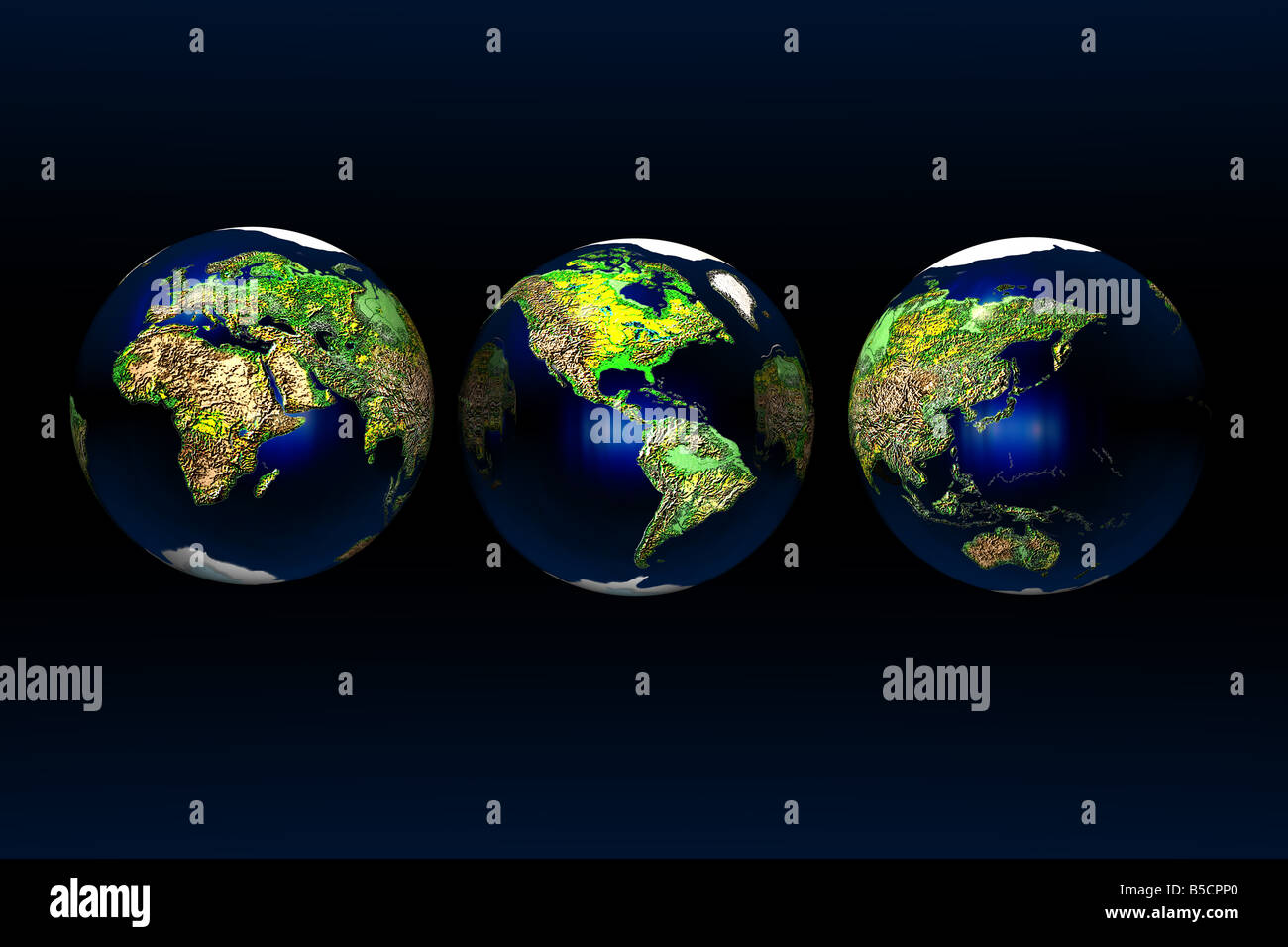 Earths showing Western Hemisphere Europe and Africa and Asia and the ...