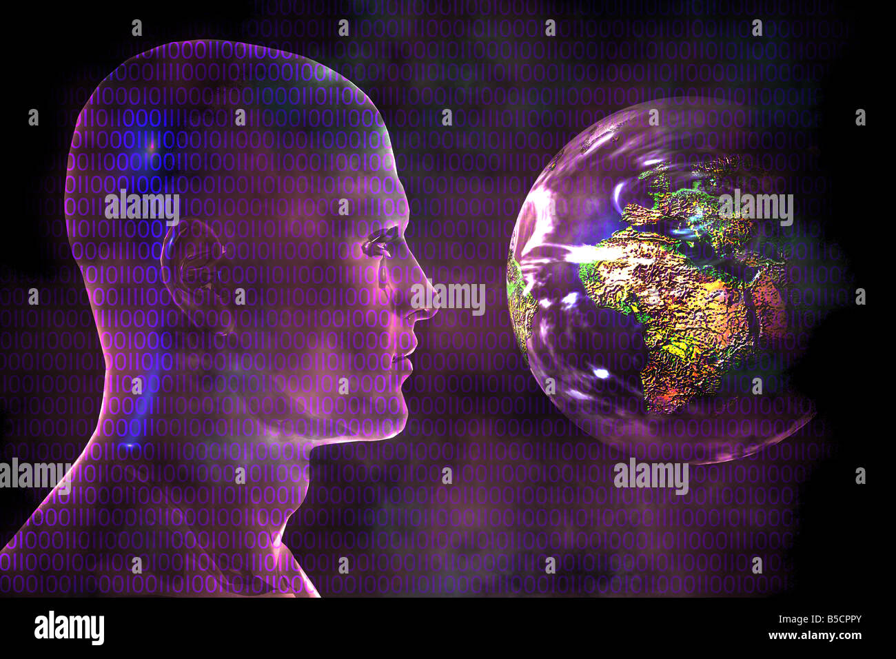 Digital man with binary code and earth Stock Photo - Alamy