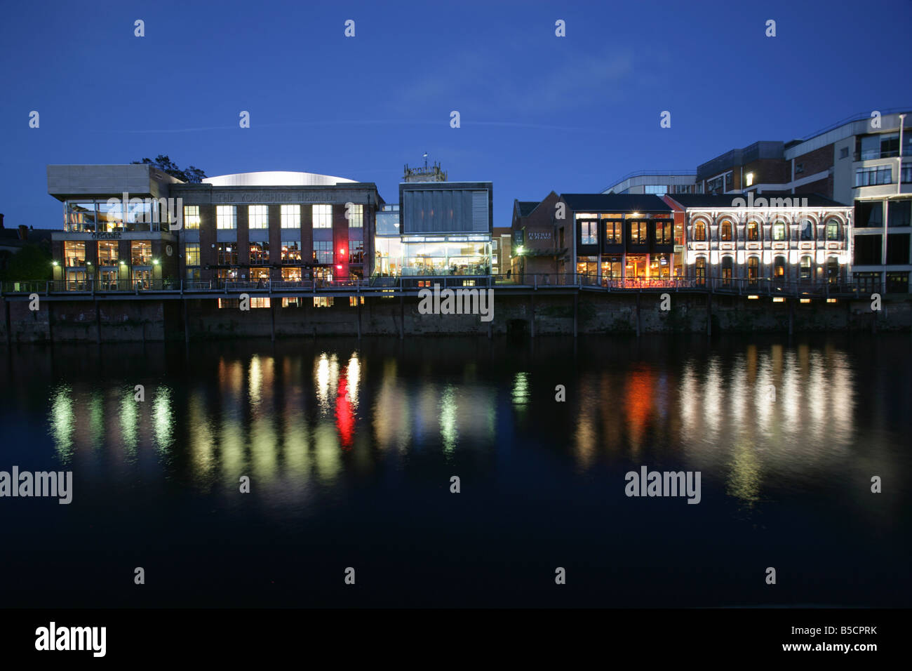 City of York, England. River Ouse night view of the riverside pubs ...