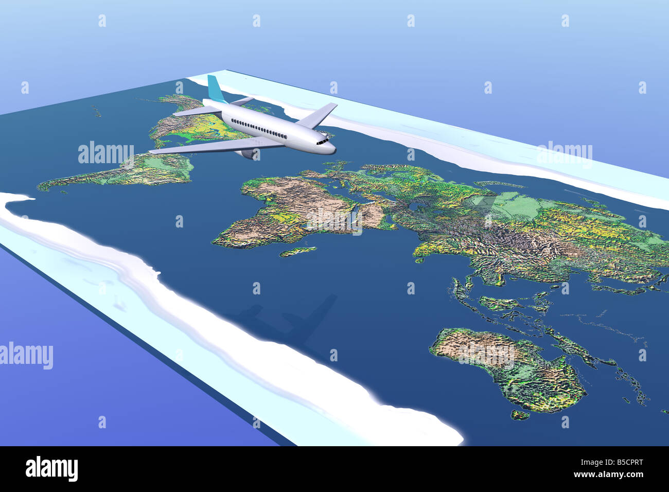 Airliner flying over a flat map of the world Stock Photo - Alamy