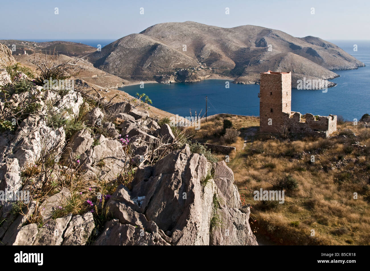 A typical Mani tower house overlooking the bay of Marmaris in the Deep ...