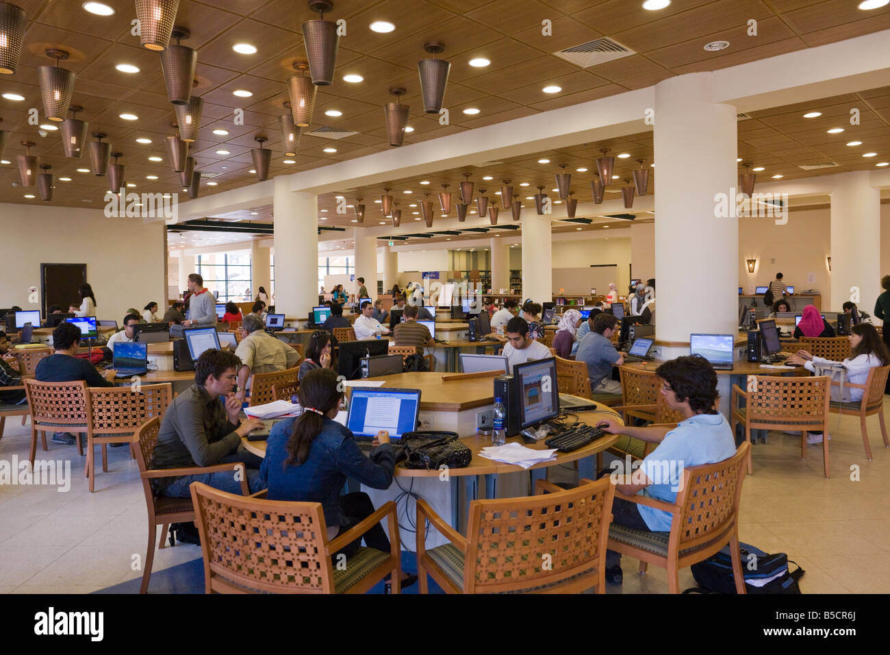 students at computer desks in library, new campus, American University in Cairo, Egypt Stock ...