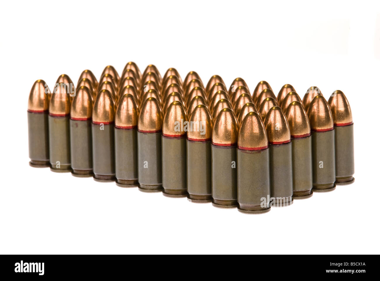 Rows of 45 caliber bullets isolated against a white background Stock ...
