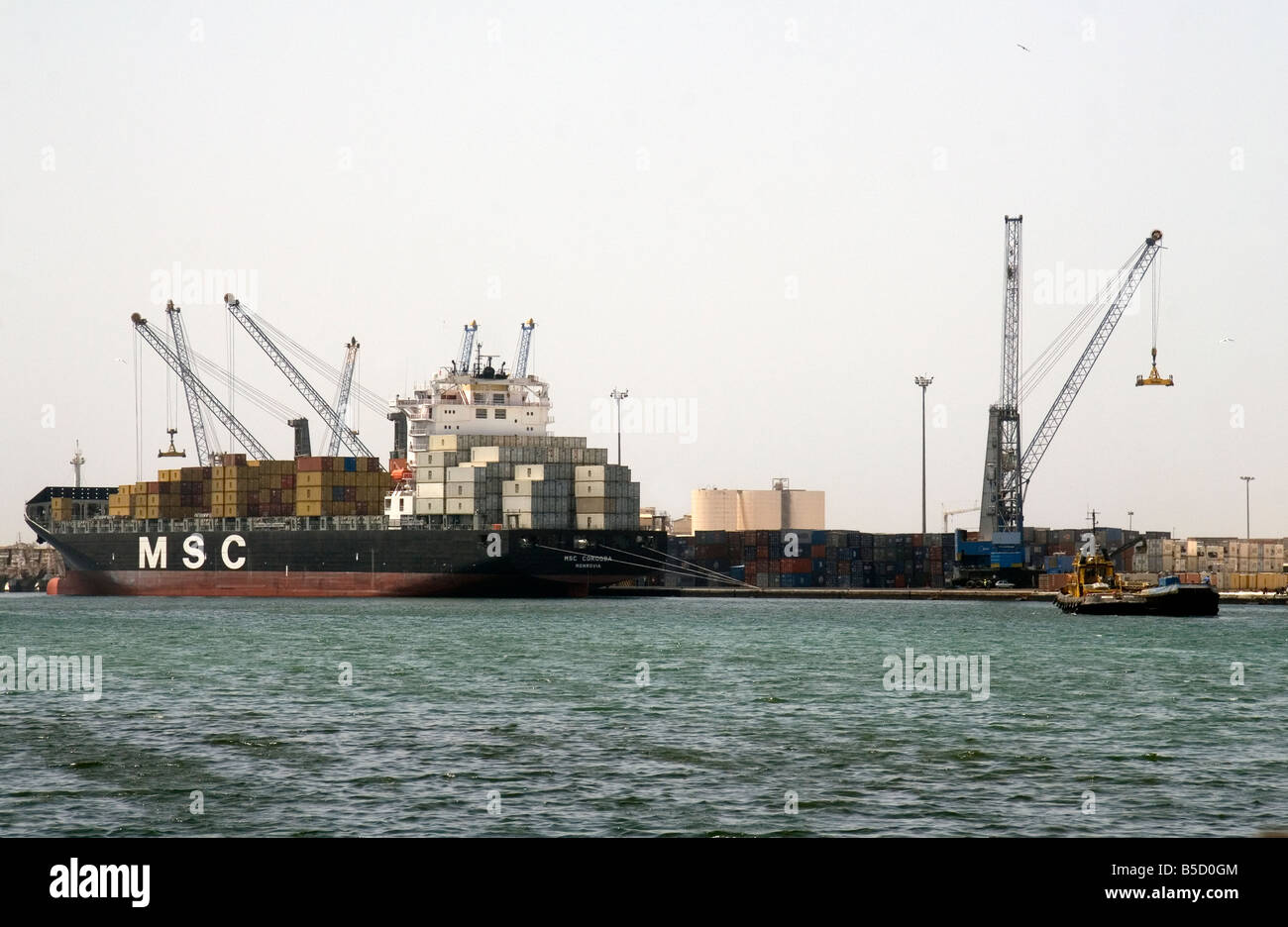 Port scene Dakar Senegal with German owned container ship MSC Cordoba ...