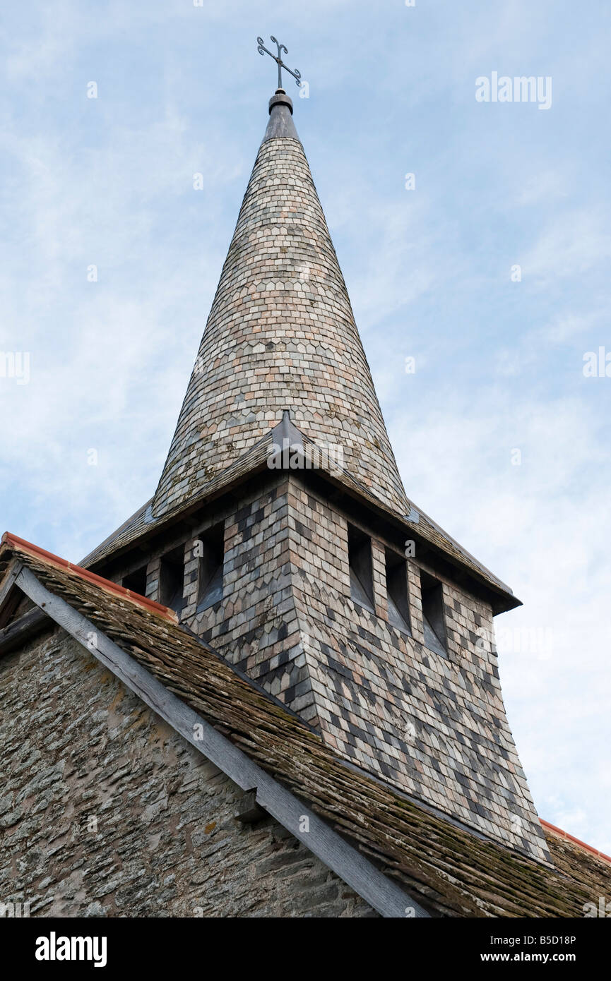 The restored spire of St Michael's Church, Discoed, Powys, UK. The ...