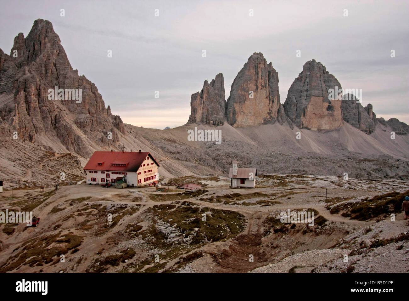the alpine hut Locatelli Rifugio Locatelli and the Tre Cime di Lavaredo ...