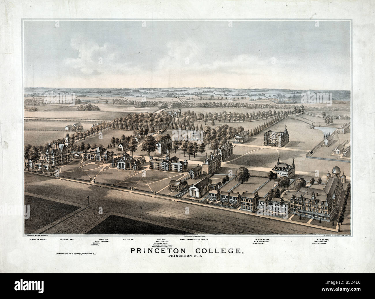 Princeton College now Princeton University aerial view 1875 Stock Photo ...
