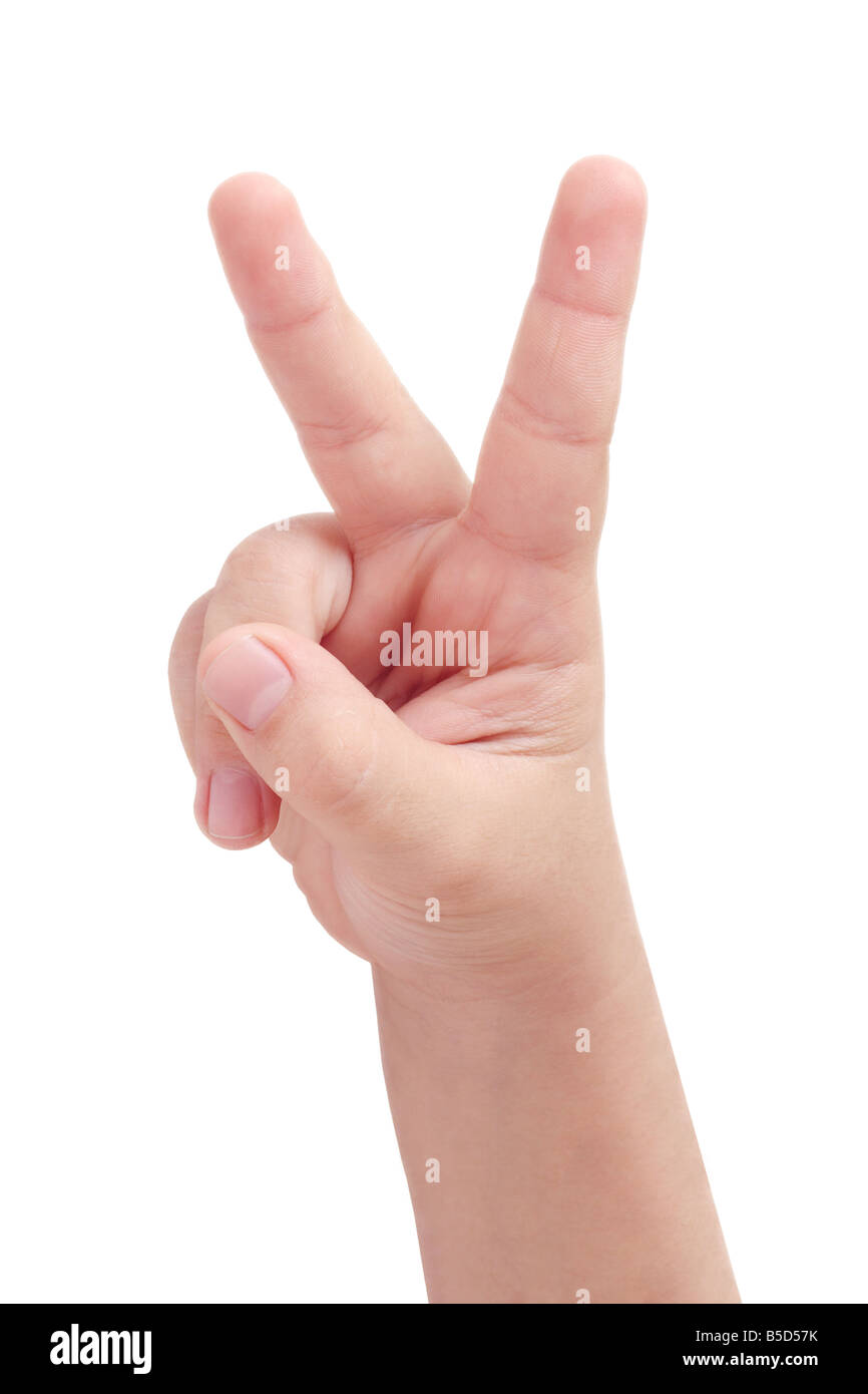 Child s hand displaying peace sign on white background Stock Photo - Alamy