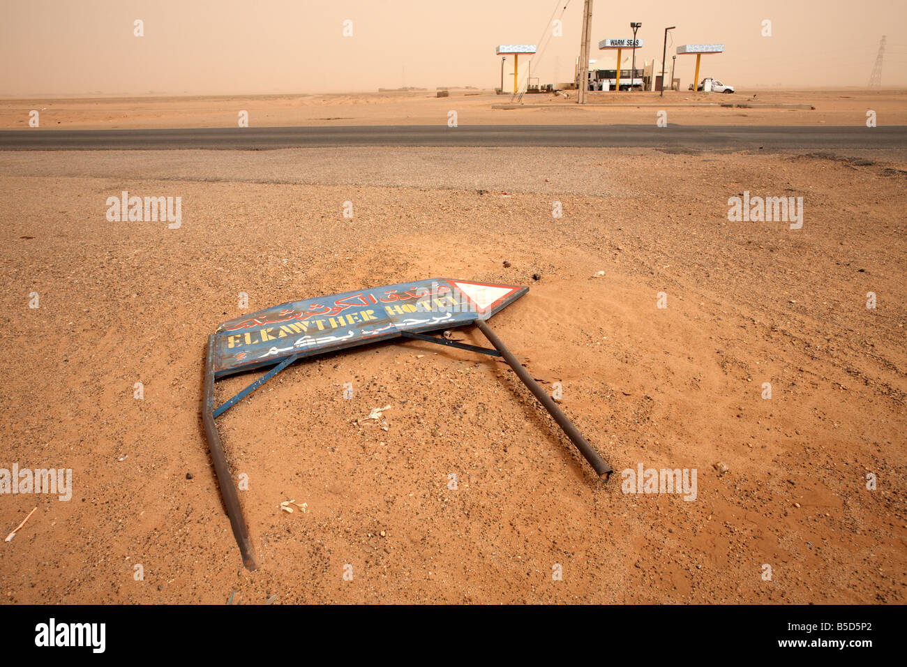 A fallen signposts in the desert, along the Khartoum to Atbara highway ...