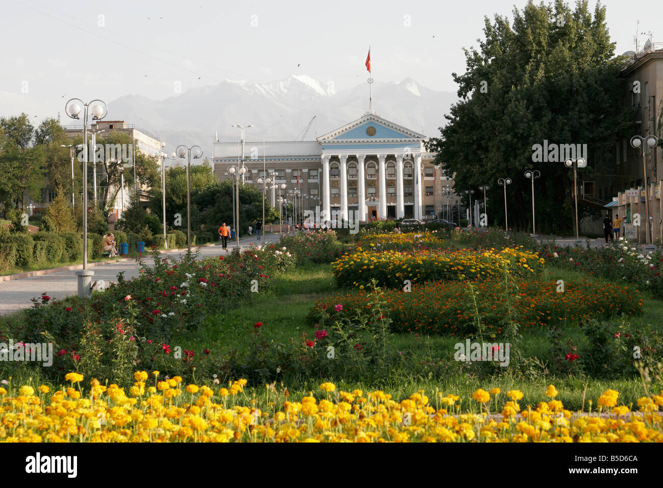 Downtown of Bishkek with mountain covered with snow on the background ...