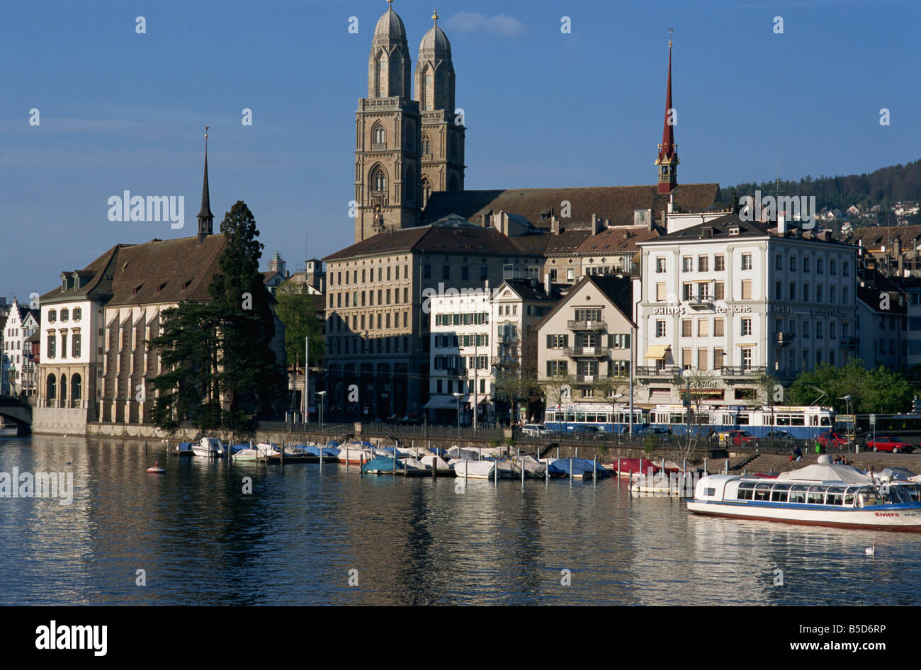 The Limmat River and cathedral in the city of Zurich Switzerland G ...