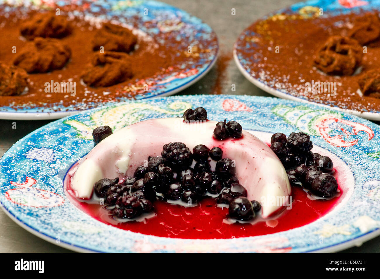 Delicious Panna cotta with mix berry fruits chocolate on the backround ...