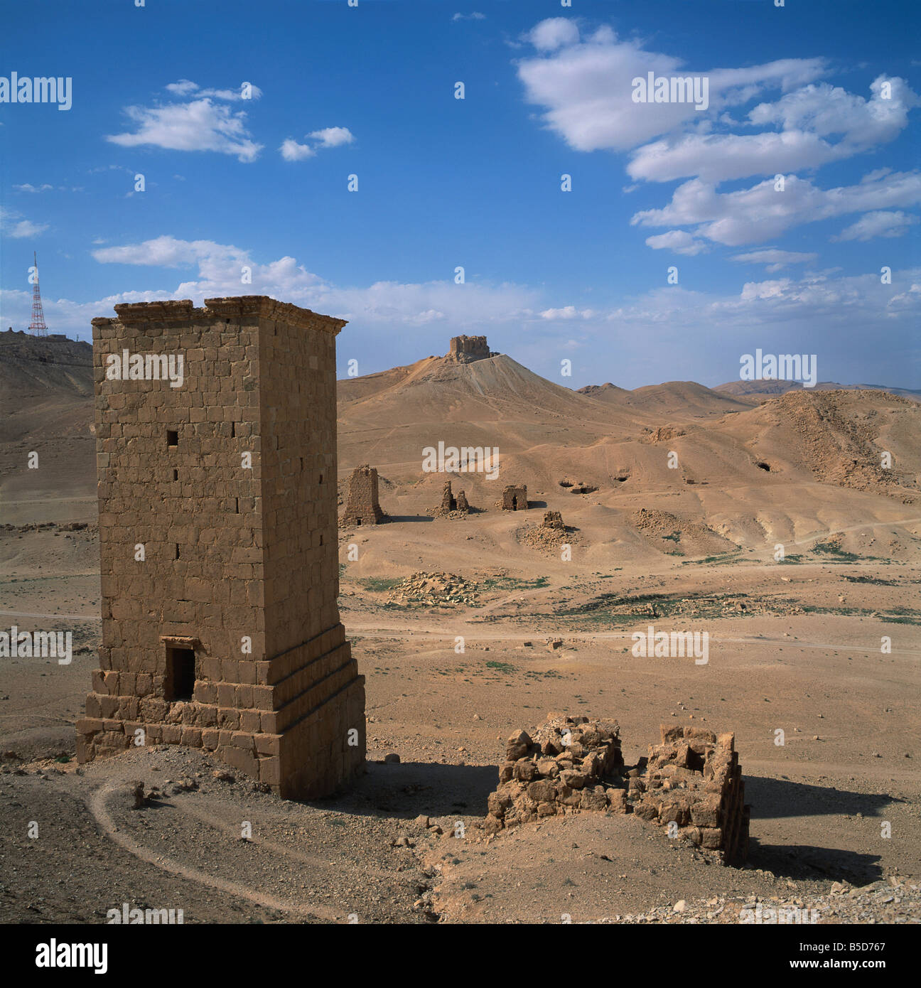 Aerial view over the Palmyrene Tower Tombs multi storey burial chambers ...