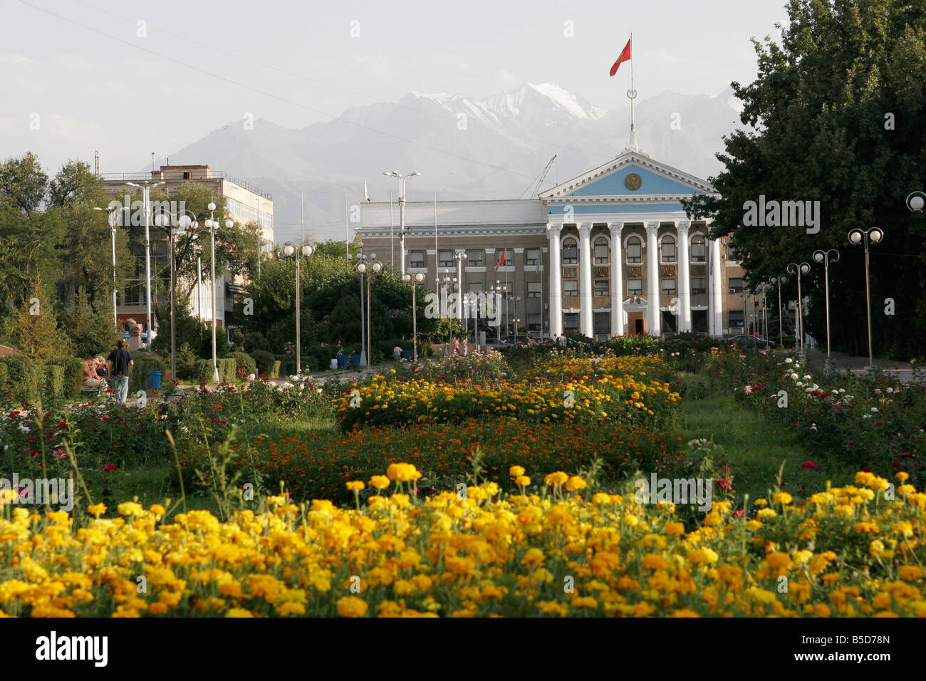 Downtown of Bishkek with mountain covered with snow on the background ...