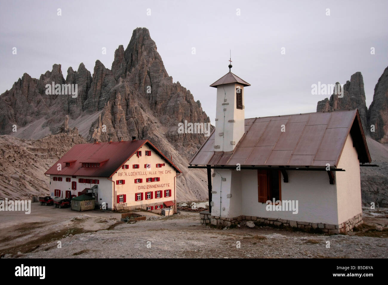 the alpine hut Locatelli Rifugio Locatelli and chapel in the The Sexten ...