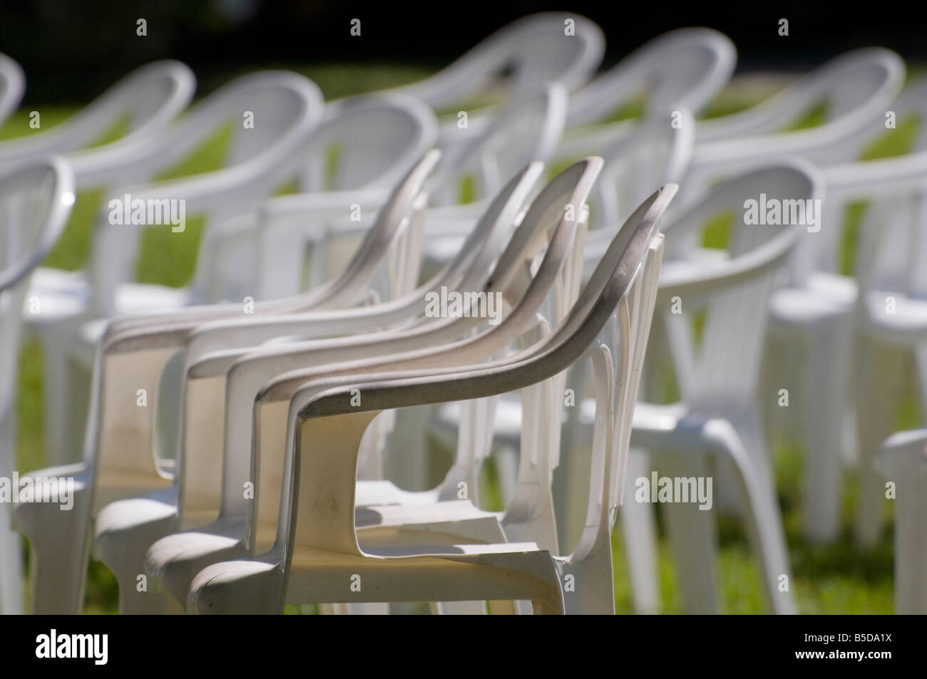 line up of white chairs in garden setting Stock Photo - Alamy