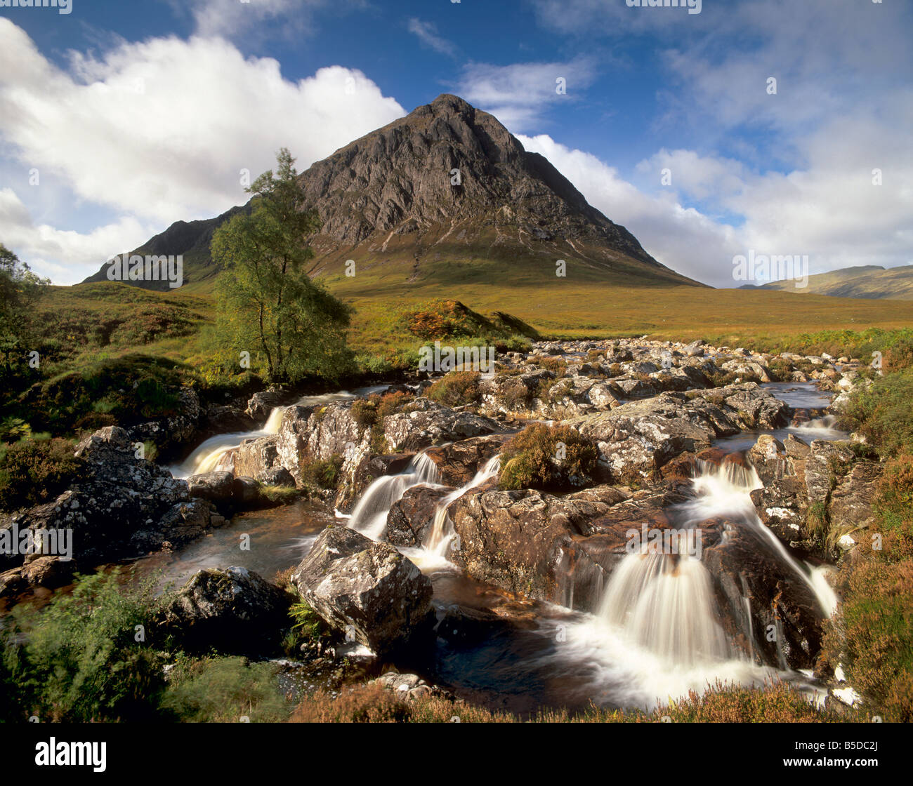 Waterfall on River Coupall, Buachaille Etive Mor in background, Glen ...